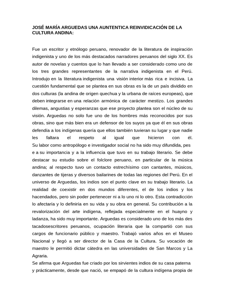 José María Arguedas y la Cultura Andina | PDF