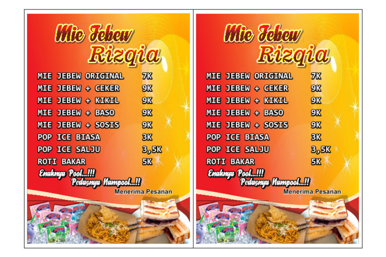 Rizqia Menu: Mie Jebew & More | PDF
