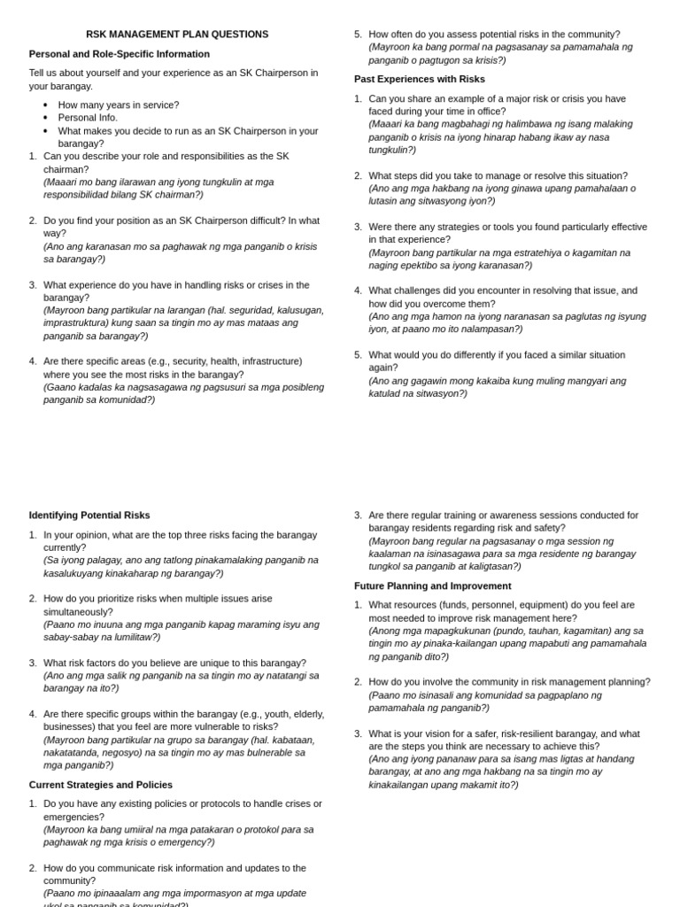 RSK Management Plan Questions | PDF