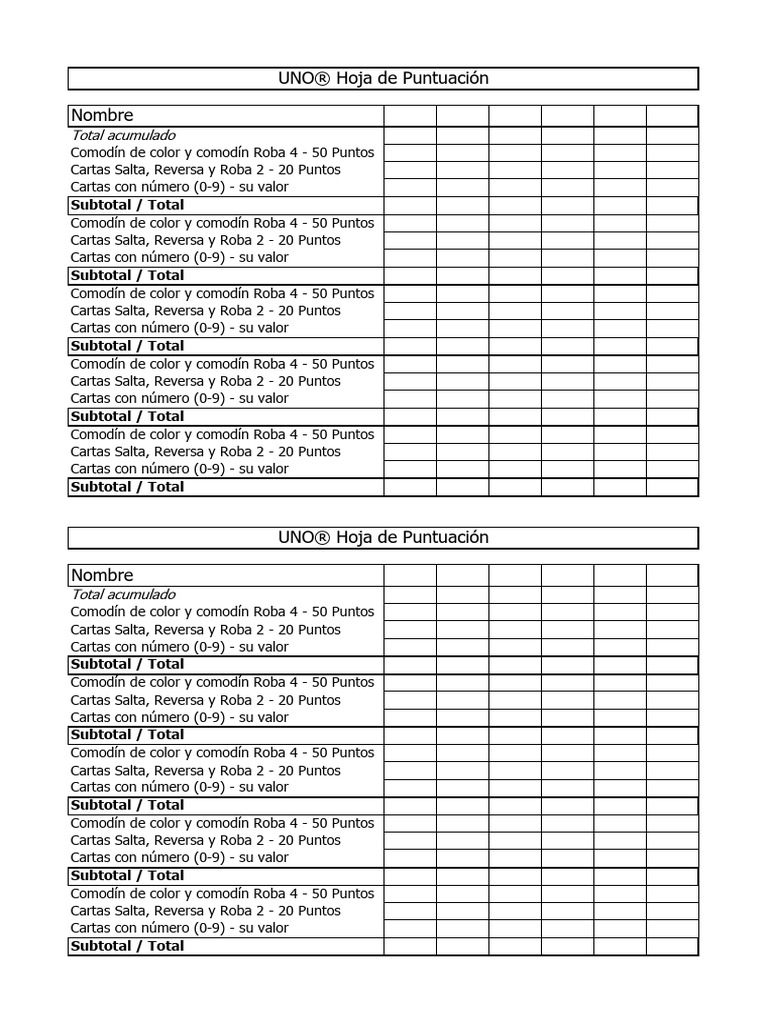UNO Score Sheet SPA | PDF | Artes del Lenguaje y Comunicación | Métodos ...
