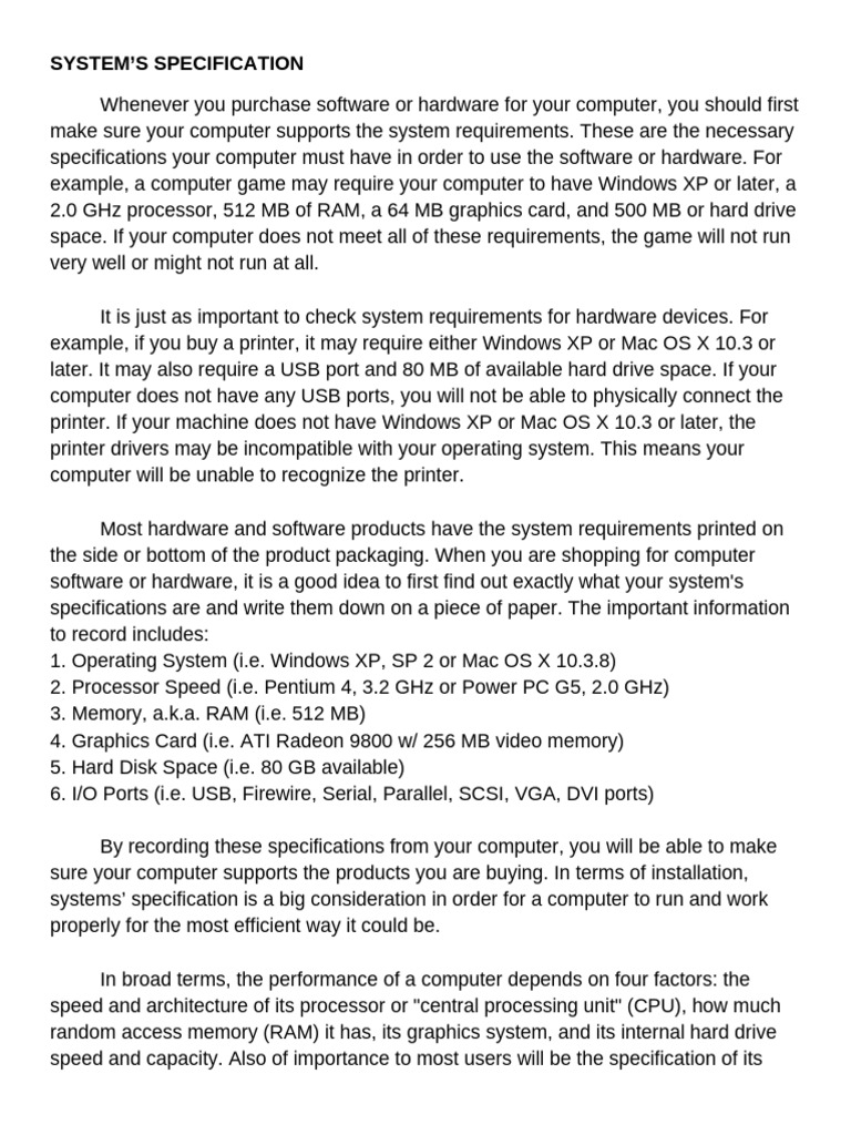 SYSTEM''S SPECIFICATION | PDF | Central Processing Unit | Computer Architecture