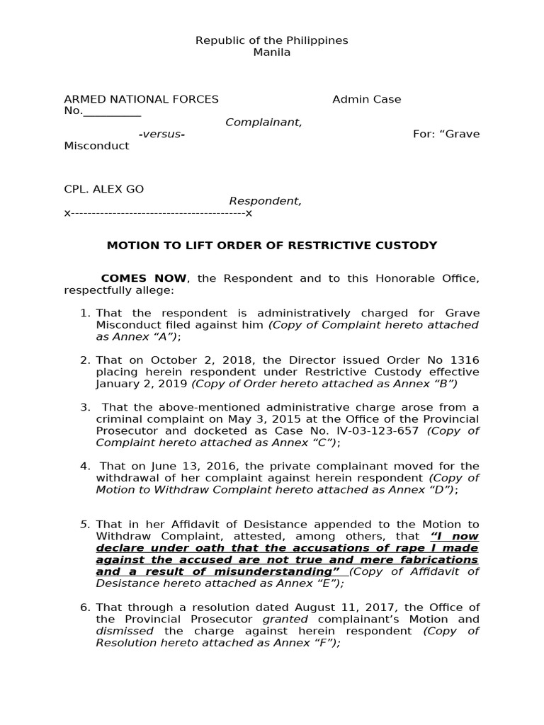 Motion To Lift Restrictive Custody | PDF | Complaint | Judiciaries