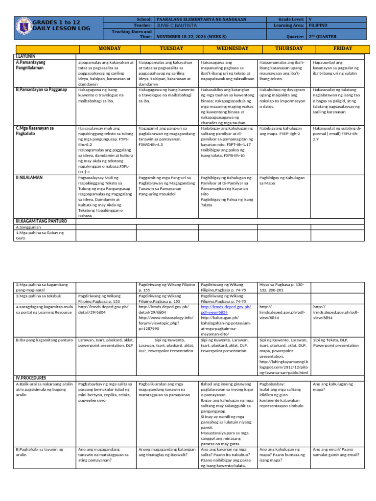 DLL - Filipino 5 - Q2 - W8 | PDF