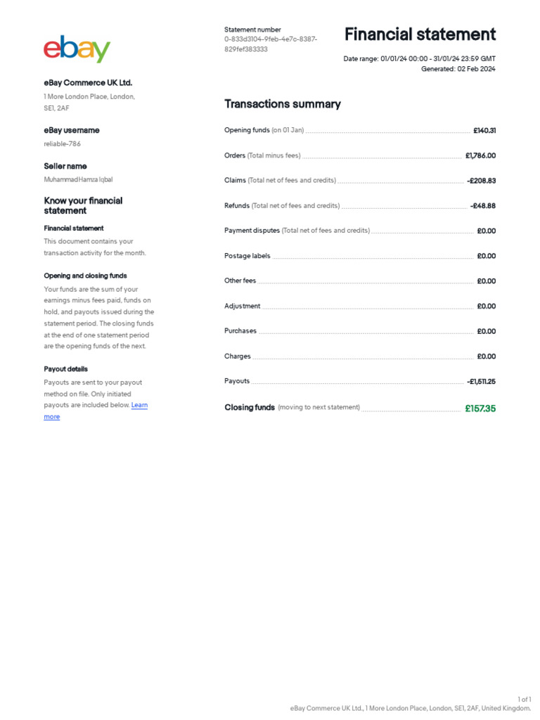 Financial Statement: Transactions Summary | PDF | E Bay | Fee