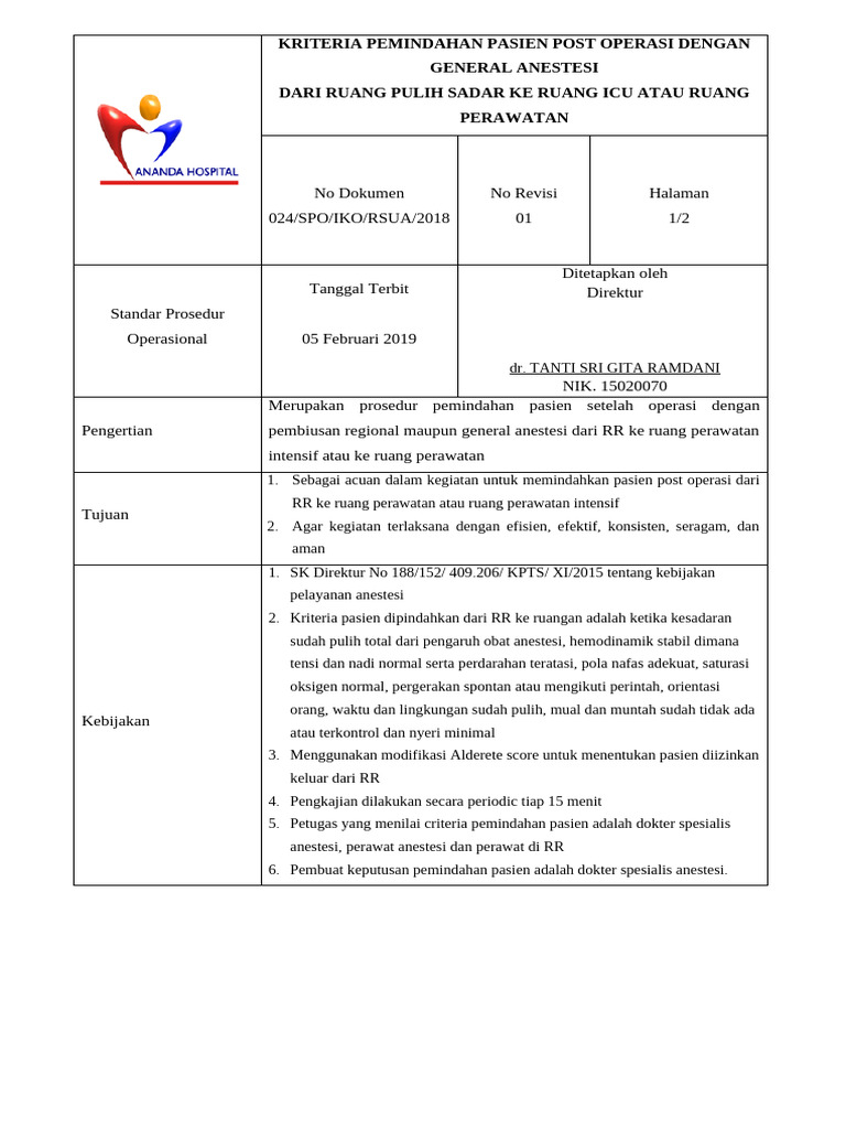 12.kriteria Pemindahan Pasien Post Operasi Dengan General Anestesi ...