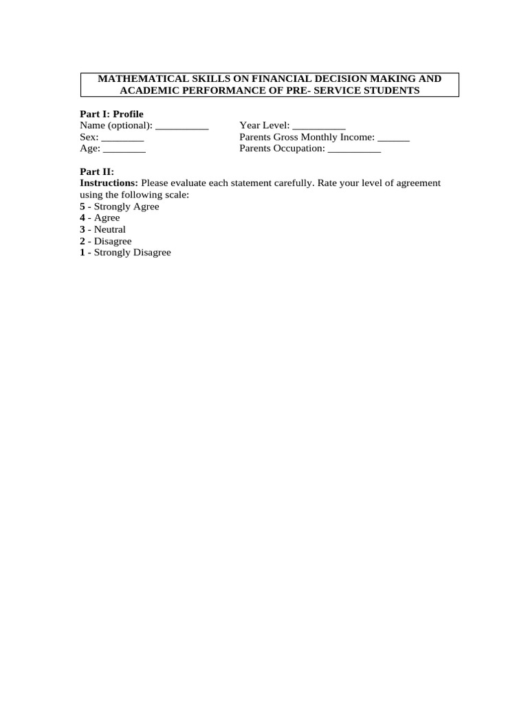 Financial Literacy Assessment Questionnaire | PDF | Financial Literacy | Cognition