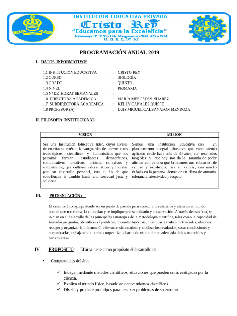 Programacion Anual Bio 5to Prim - 2019 | PDF | Evaluación