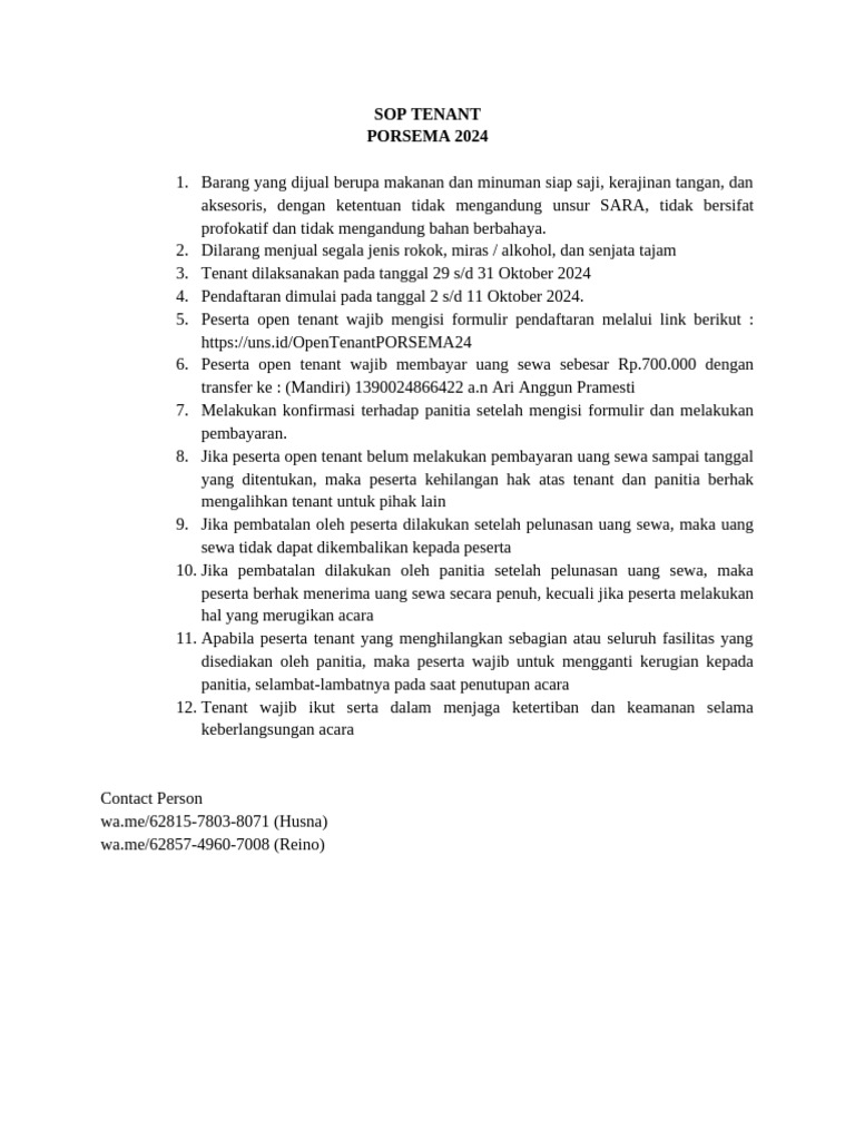 SOP Tenant PORSEMA 2024: Pendaftaran & Aturan | PDF | Bisnis | Griya & Taman