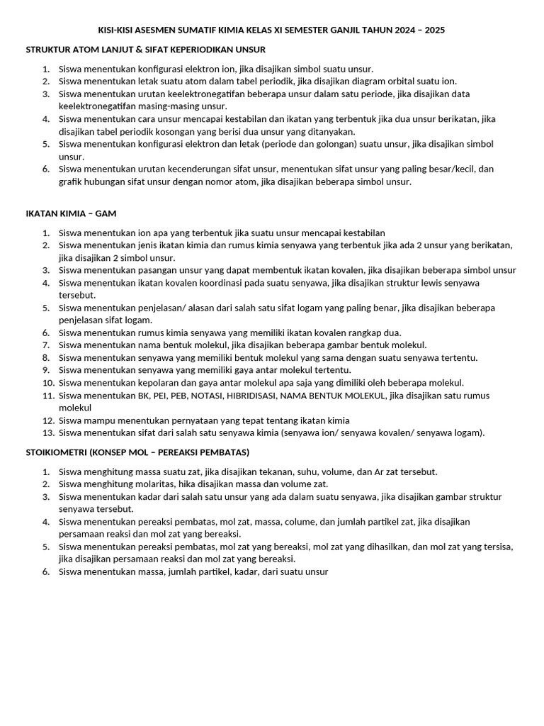 Kisi-Kisi SOAL PAS KIMIA KELAS XI GANJIL 2024-2025 - 090127 | PDF | Metode & Bahan Ajar | Sains ...