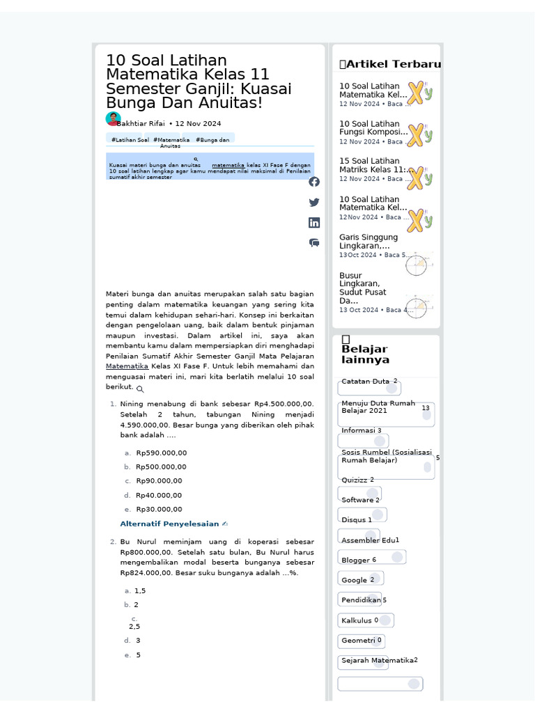 10 Soal Latihan Matematika Kelas 11 Semester Ganjil - Kuasai Bunga Dan Anuitas! - Sinau ...