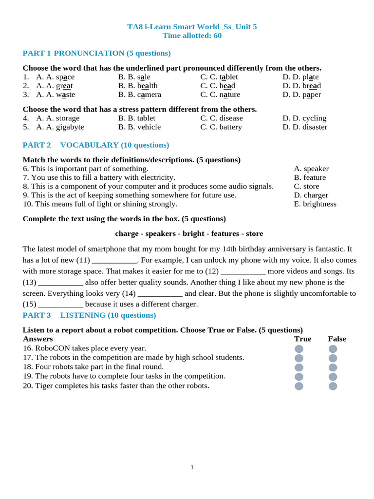 Đề kiểm tra unit 5 số 1 | PDF | Laptop | Smartphone