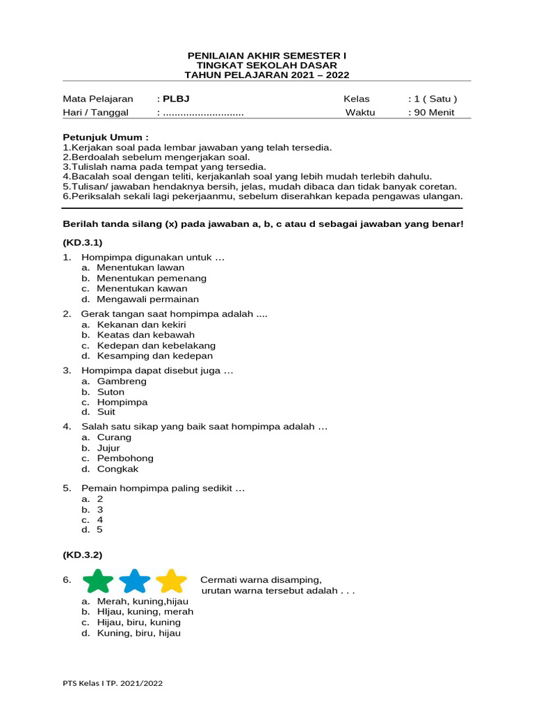 Soal Pas PLBJ Kelas 1 | PDF