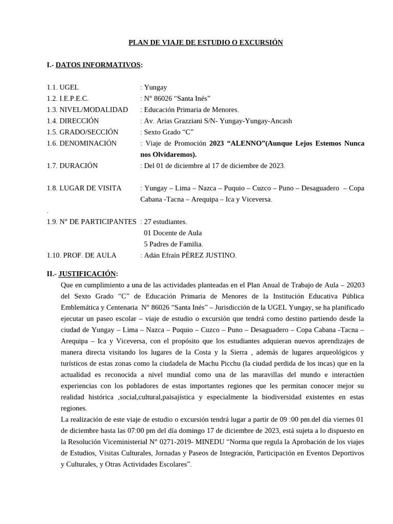 Plan de Excursión 2023 | PDF