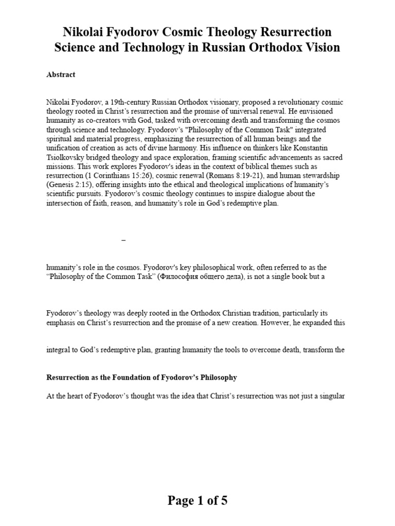 Nikolai Fyodorov Cosmic Theology Resurrection Science and Technology in ...