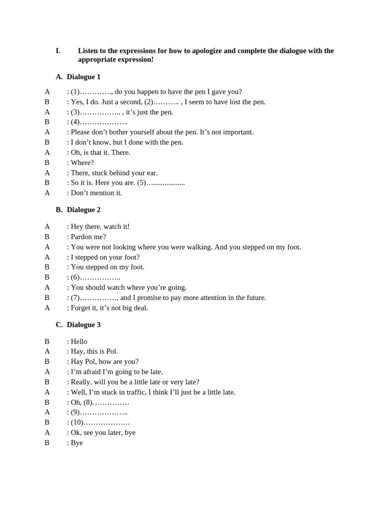 Listen To The Expressions For How To Apologize and Complete The ...