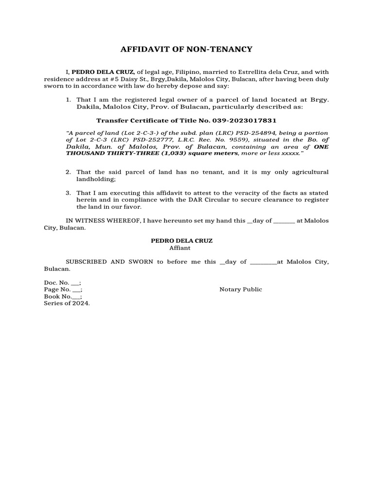 Affidavit of Non Tenancy Dela Cruz | PDF | Social Science
