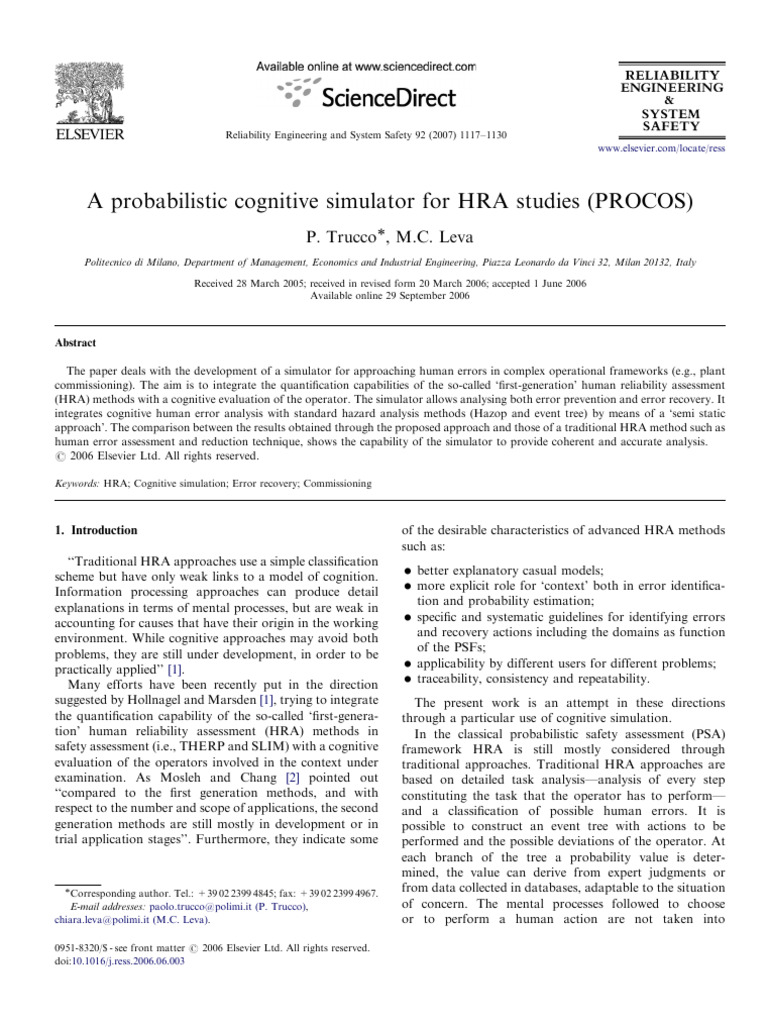 A Probabilistic Cognitive Simulator For HRA Studies (PROCOS) | PDF ...