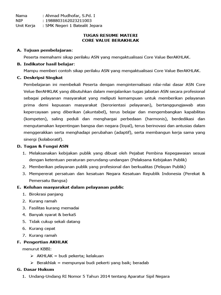 Tugas Resume Materi Core Value ASN Ber-AKHLAK - Ahmad Mudhofar, S. Pd ...