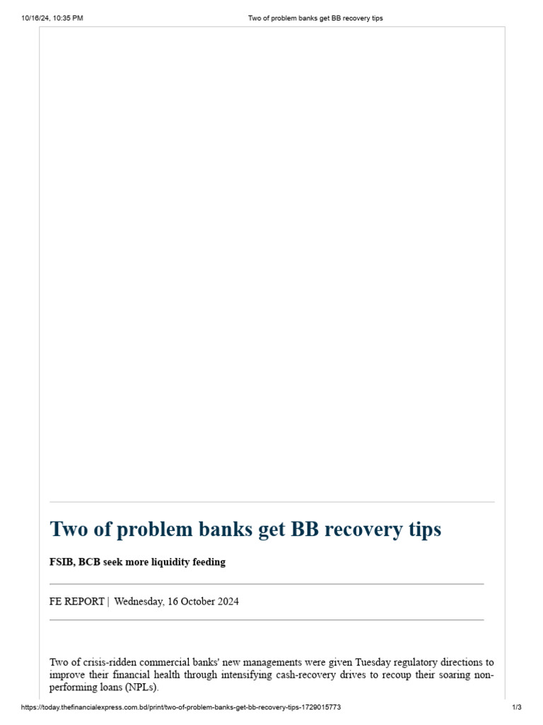 Two of Problem Banks Get BB Recovery Tips | PDF | Banks | Investing