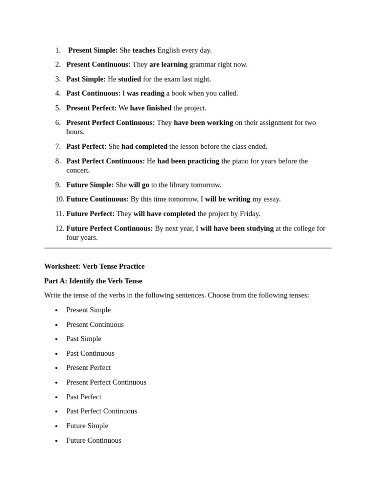 Tenses Worksheet - October 11 | PDF | Perfect (Grammar) | Subject (Grammar)