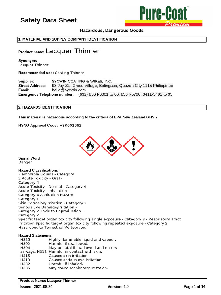 Lacquer Thinner - SDS | PDF | Toxicity | Dangerous Goods