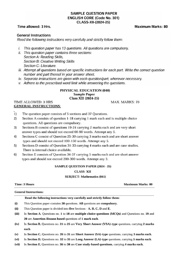 Xi & Xii Pa 2 Paper Pattern | PDF