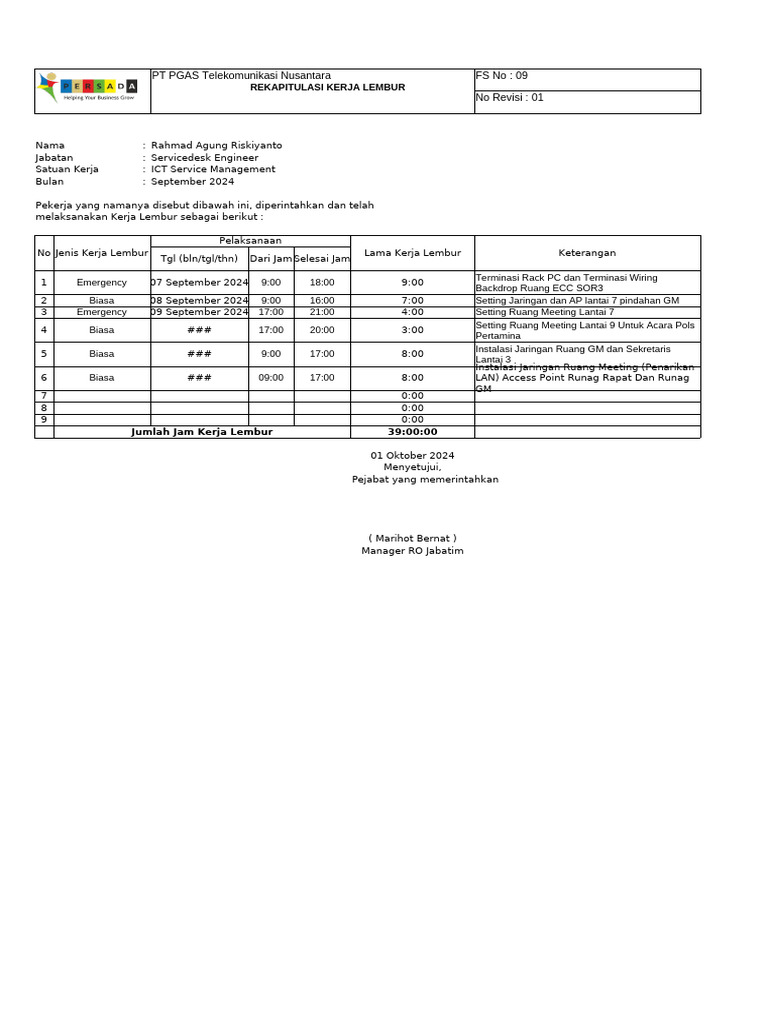 Rekap Lembur September 2024 | PDF