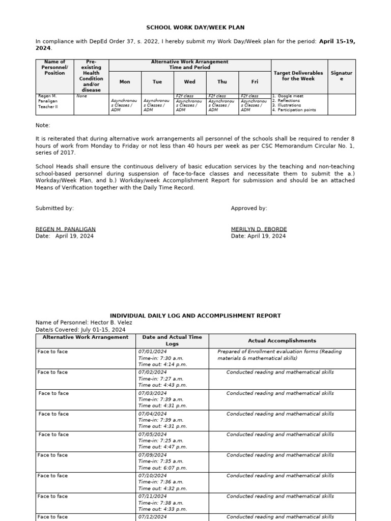 Work Week Plan and Accomplishment Report enrollmentHBV | PDF