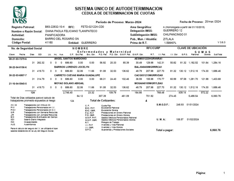Cédula de Cuotas IMSS Marzo 2024 | PDF | Labor | Economias