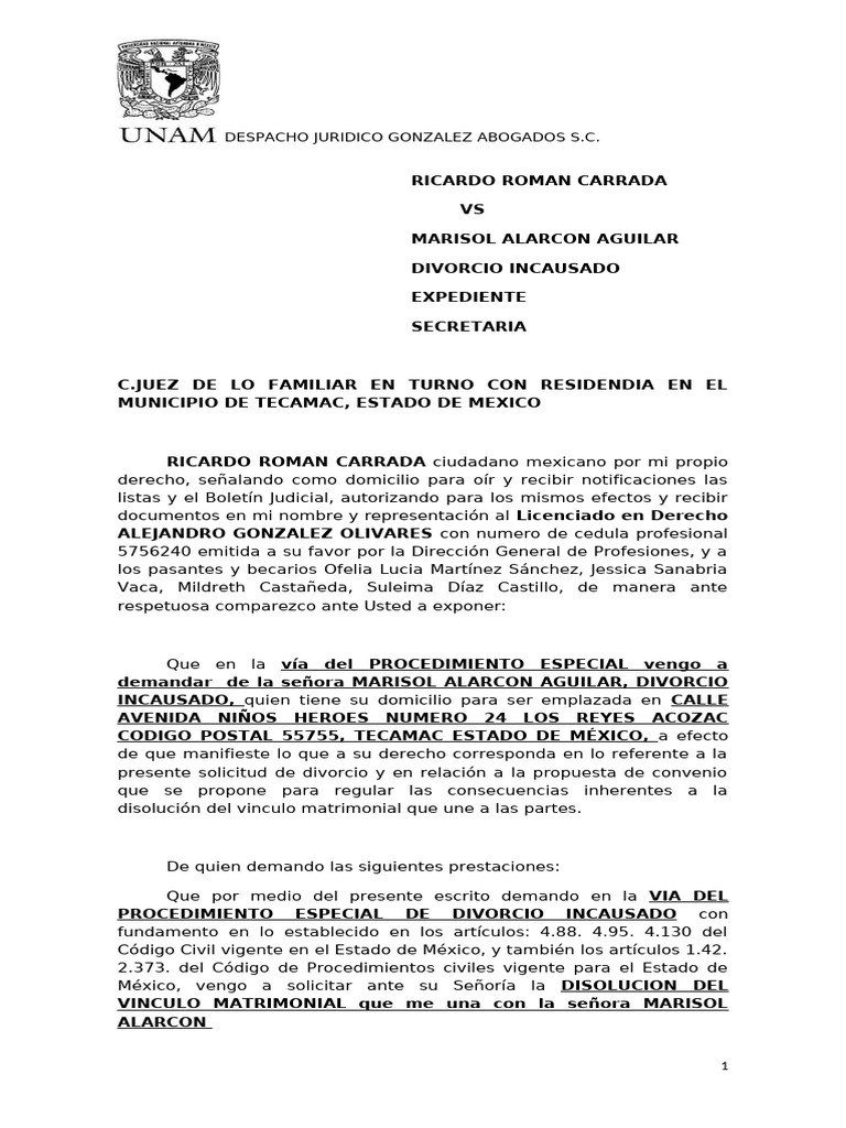 RICARDO ROMAN JUICIO DE DIVORCIO (Autoguardado) | PDF | Divorcio | Ley ...