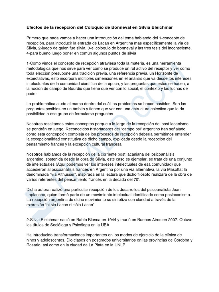 Recepción del Coloquio de Bonneval en Bleichmar | PDF | Jacques Lacan ...