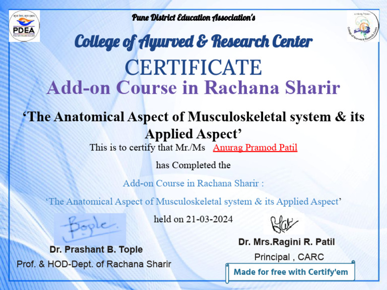 Certificate For Anurag Pramod Patil For - Add-On Course in Rachana Sh ...