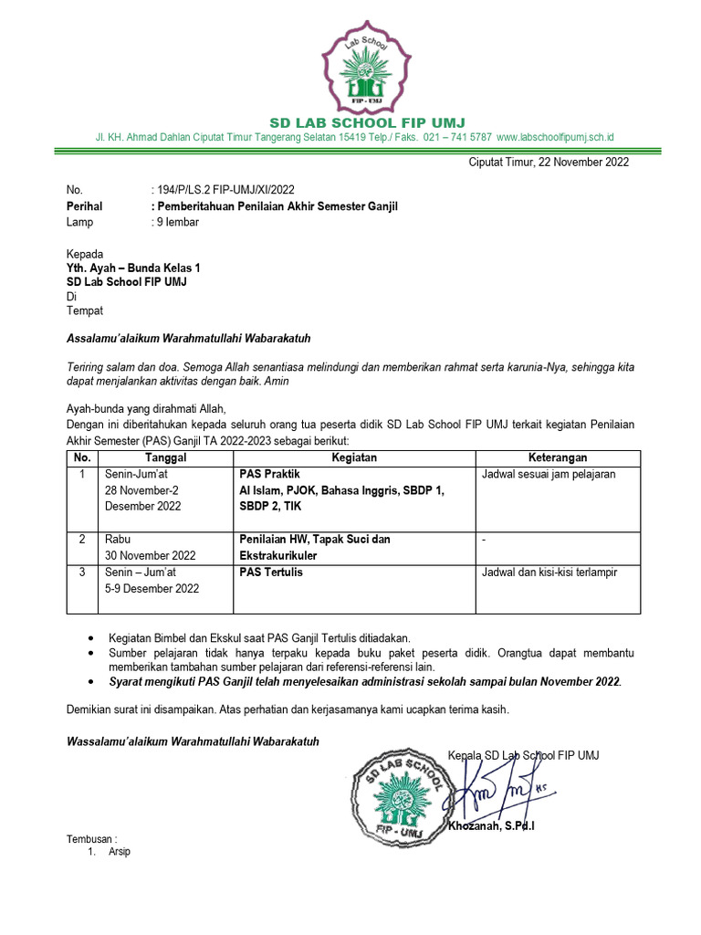 194.kelas 1 - Surat Pem - PAS Ganjil SD Lab School FIP UMJ - TA.2022-2023 - 22 Nov 2022 | PDF