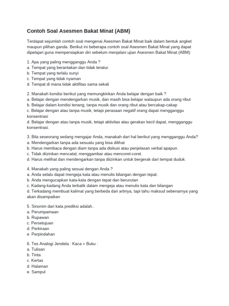 Contoh Soal Asesmen Bakat dan Minat | PDF