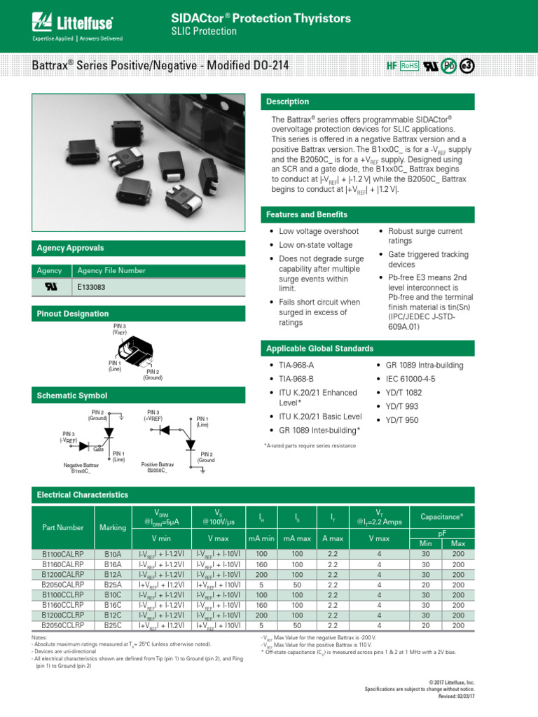 Littelfuse SIDACtor Battrax Positive Negative Modified DO 214 Datasheet PDF | PDF | Manufactured ...