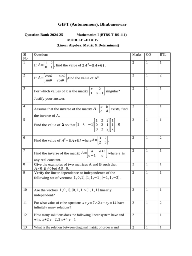 Question Bank (Module-III & IV, MATH-I) | PDF | Eigenvalues And Eigenvectors | Matrix (Mathematics)
