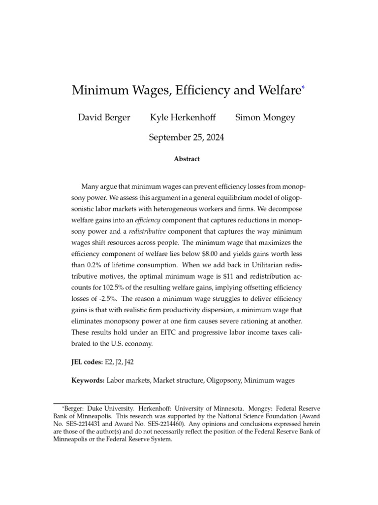 Minimum Wages, Efficiency and Welfare: David Berger Kyle Herkenhoff Simon Mongey September 25 ...
