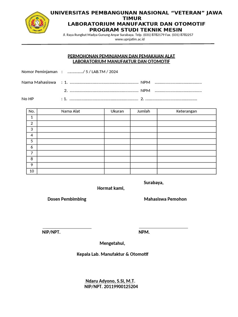 Form Peminjaman Alat Laboratorium | PDF | Seni | Teknologi & Rekayasa