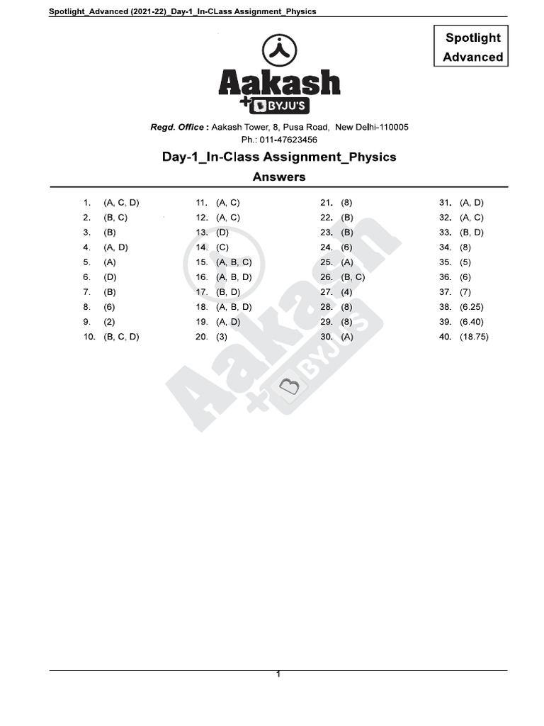 Spotlight Advanced Day 1 in Class Assignment Physics Answer Key | PDF