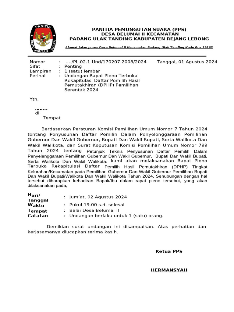 03 Draft Undangan DPHP PPS BMD | PDF
