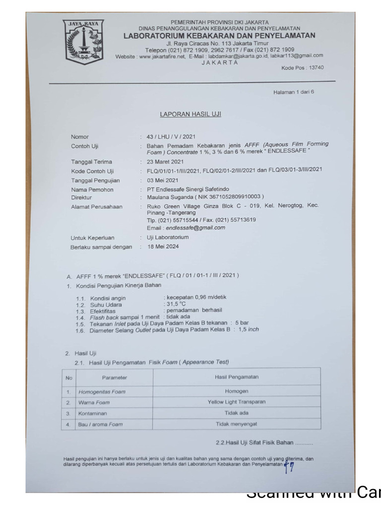 Laporan Hasil Uji Lhu Lab Damkar Foam Afff | PDF