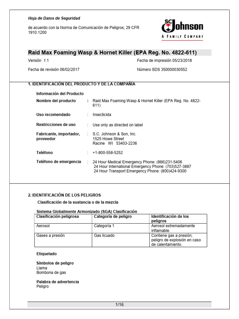 SDS de Raid Max Wasp & Hornet Killer | PDF | Agua | Destilación