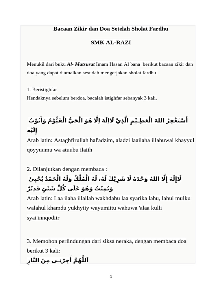 Bacaan Zikir Dan Doa Setelah Sholat Fardhu | PDF