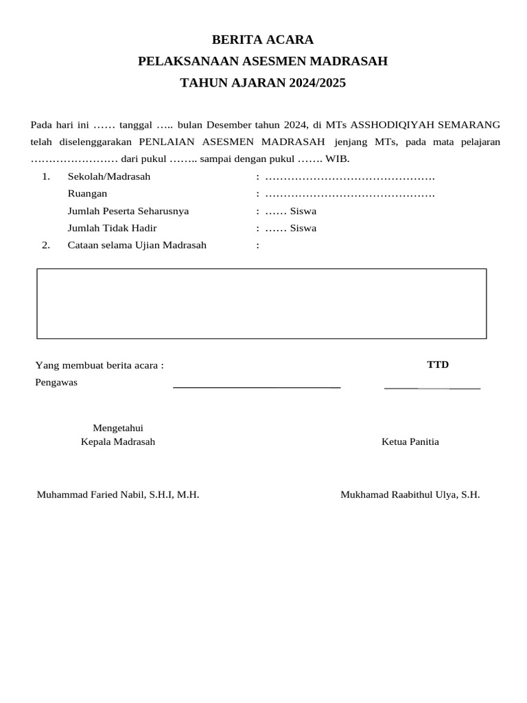 Berita Acara Pelaksanaan Asesmen Madrasah (Ma-Mts) Asshodiqiyah 2024-2025 (Data Oke) | PDF