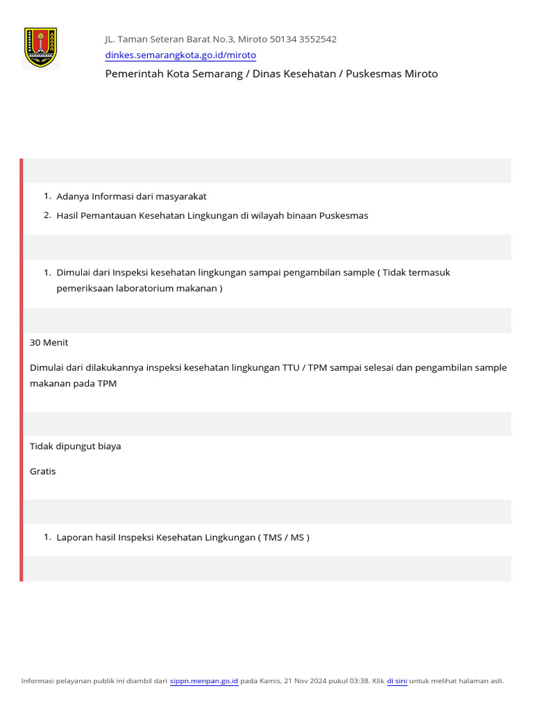 Unduh Standar Pelayanan - Pelayanan Kesehatan Lingkungan (Pengawasan Dan Pengendalian TTU TPM) | PDF
