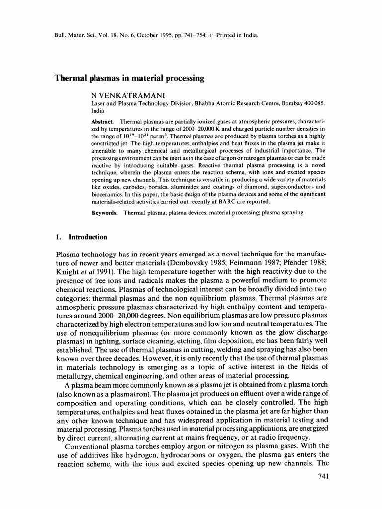 Thermal Plasmas in Material Processing: Abstract | PDF | Electric Arc ...