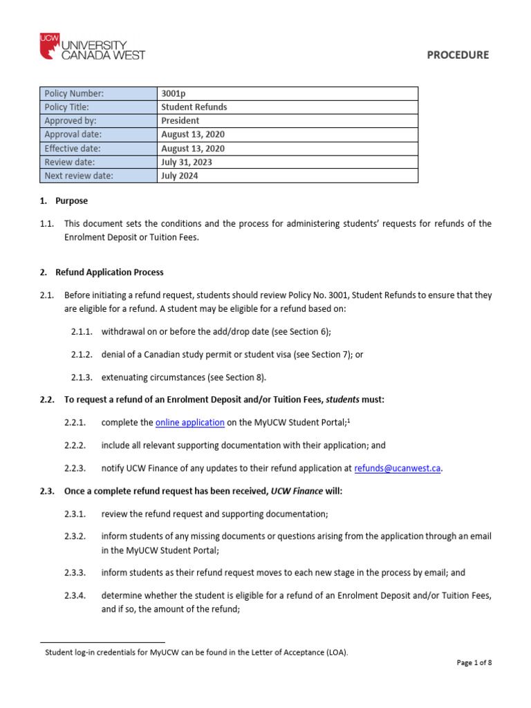 UCW Student Refund Process Guide | PDF | Fee