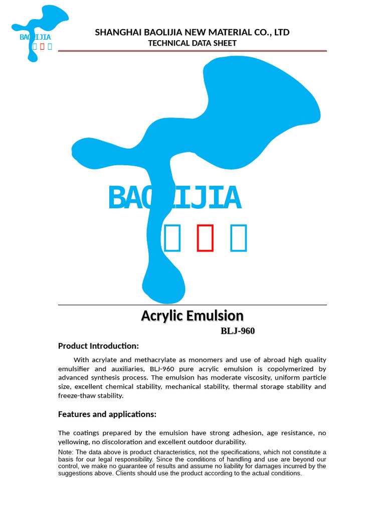 BLJ-960 TDS | PDF | Poly(Methyl Methacrylate) | Emulsion