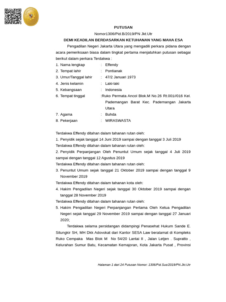 Putusan 1306 Pid.b 2019 PN JKT - Utr 20241113085017 | PDF
