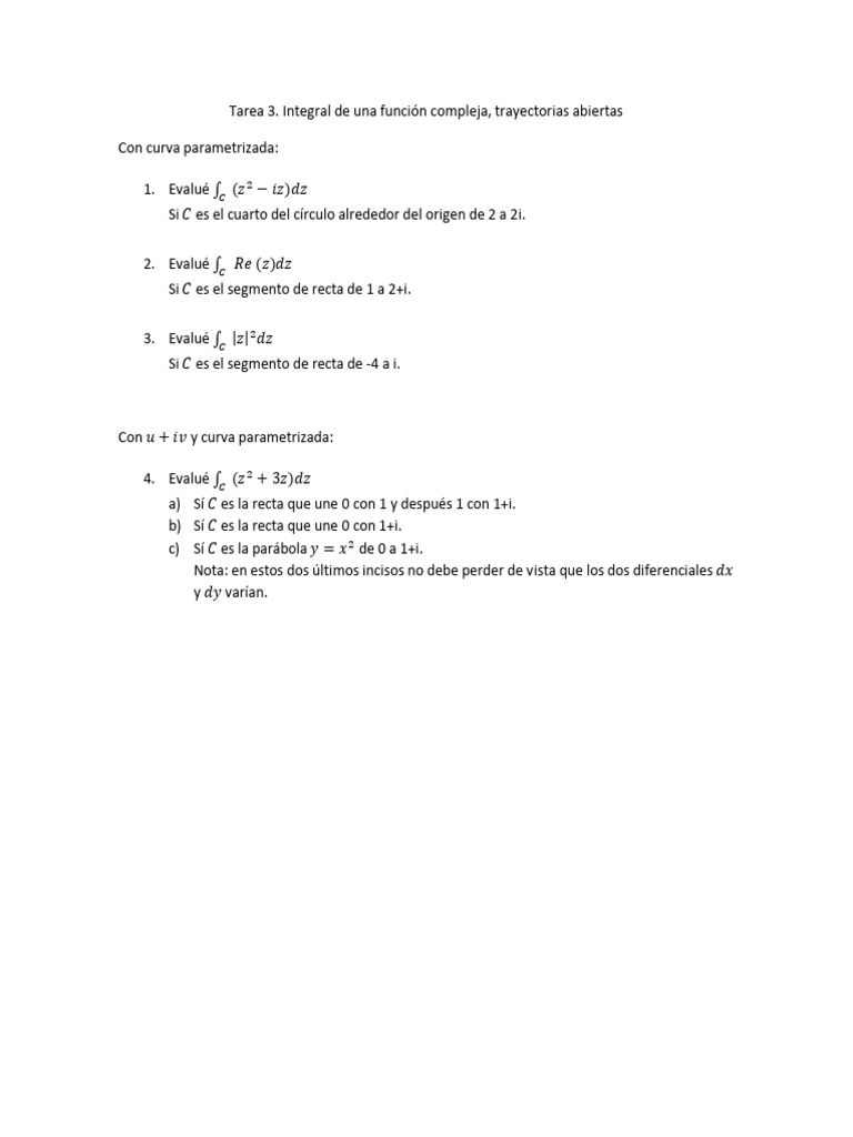 Tarea 3. Integral de Una Función Compleja, Trayectorias Abiertas | PDF